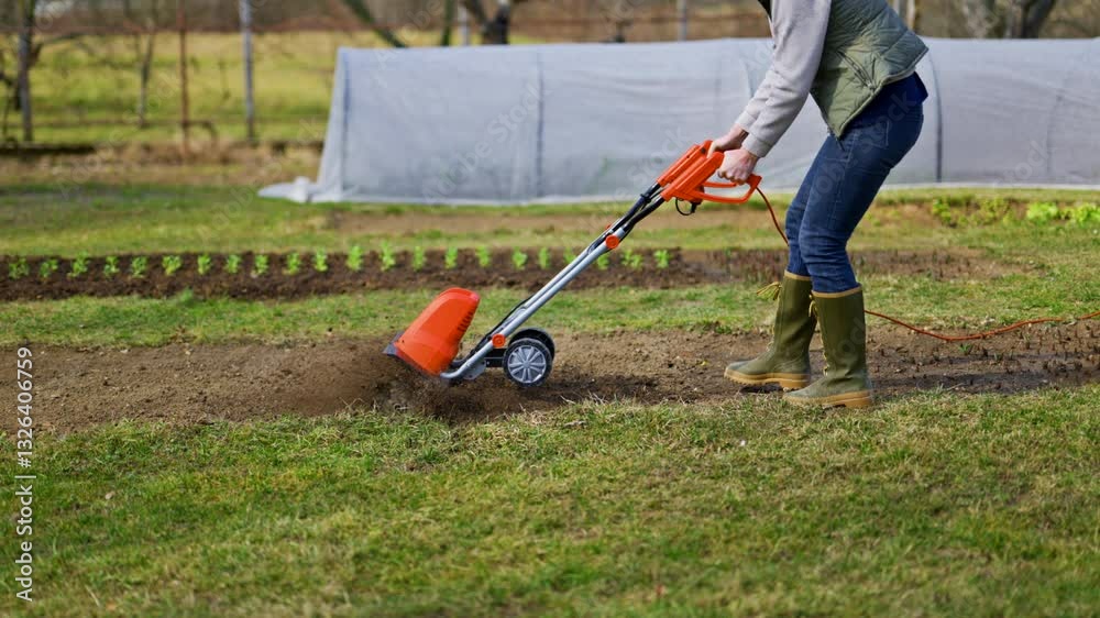Woman preparing garden beds for planting. Rotovator, garden tiller ...