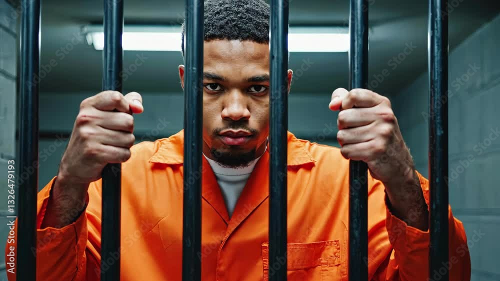 Black male prisoner in orange jumpsuit grips black metal bars of his ...