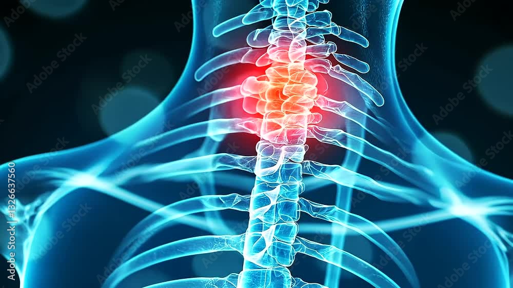 Close-up of a cracked scapula and cervical spine, revealed in a high ...