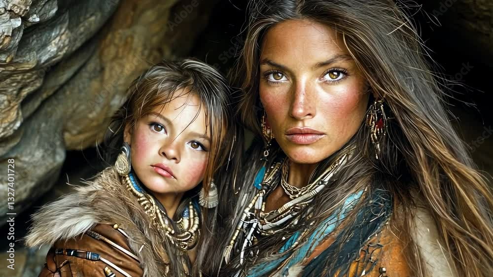 ancient woman with child in cave, neanderthal, cro-magnon, homo sapiens ...