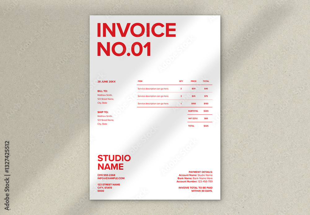 Minimal Invoice Layout with Bold Red Typography Stock Template | Adobe ...