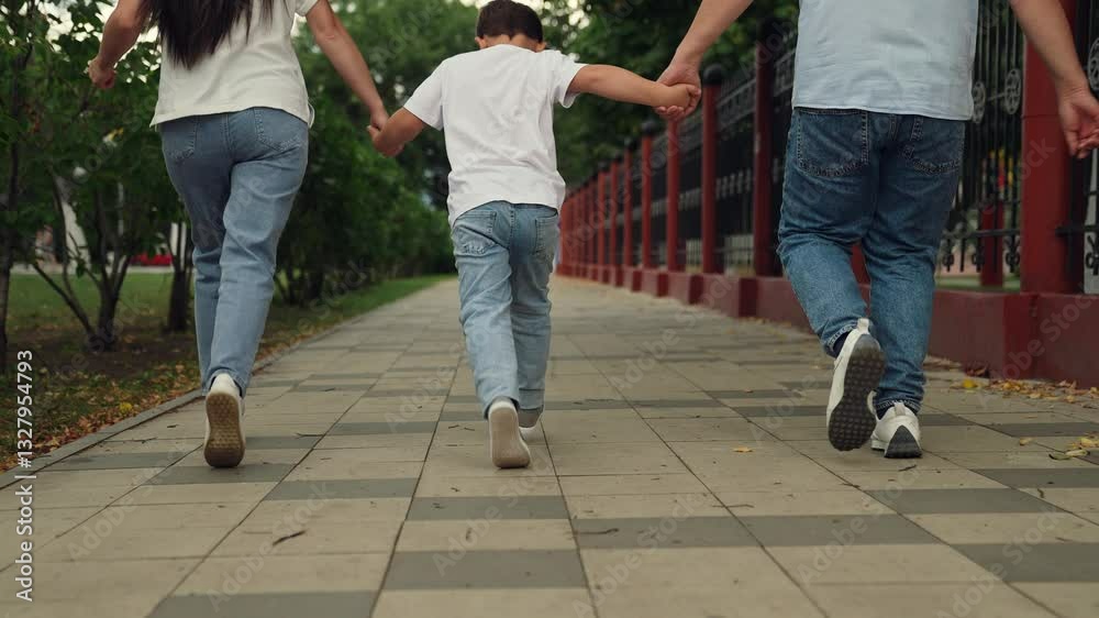 happy family, teamwork, group people running feet sidewalk park, little ...