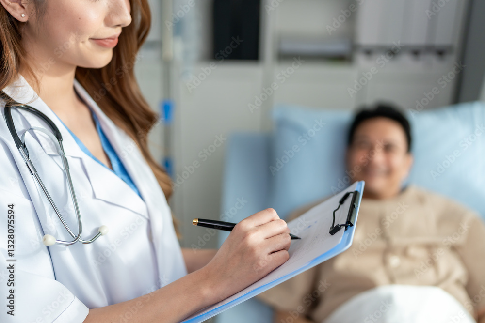 Poster Asian female doctor examine patient man lying on bed in recovery ...