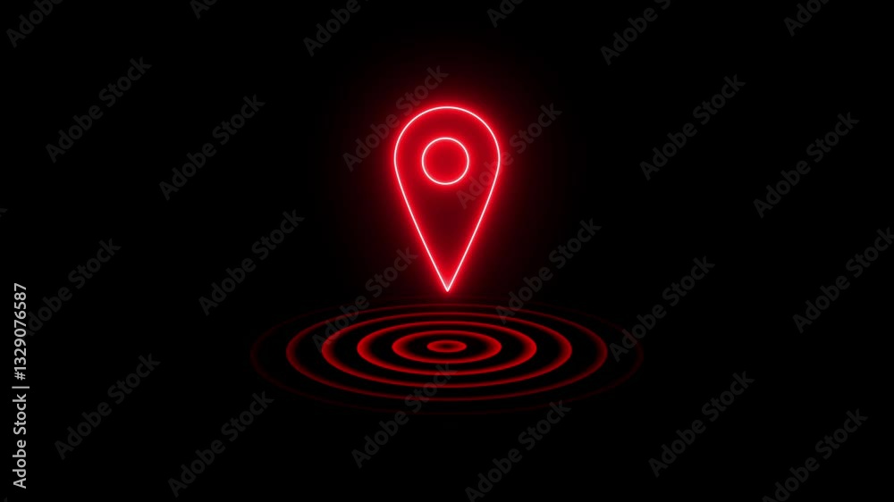 Neon glowing location animation on black background. GPS location pointer animated with radio ...
