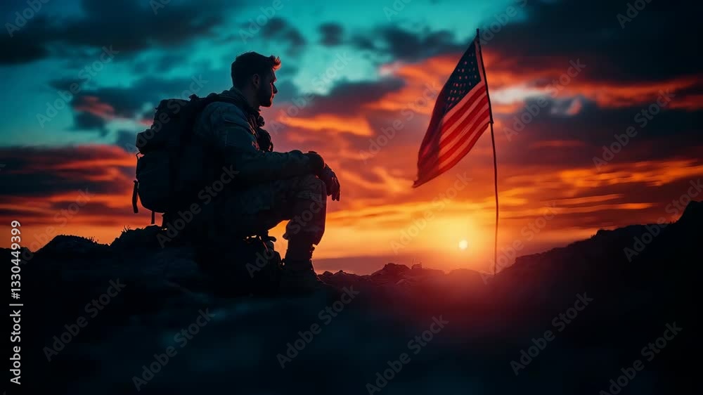 A heroic U.S. soldier standing proudly with the American flag, captured ...