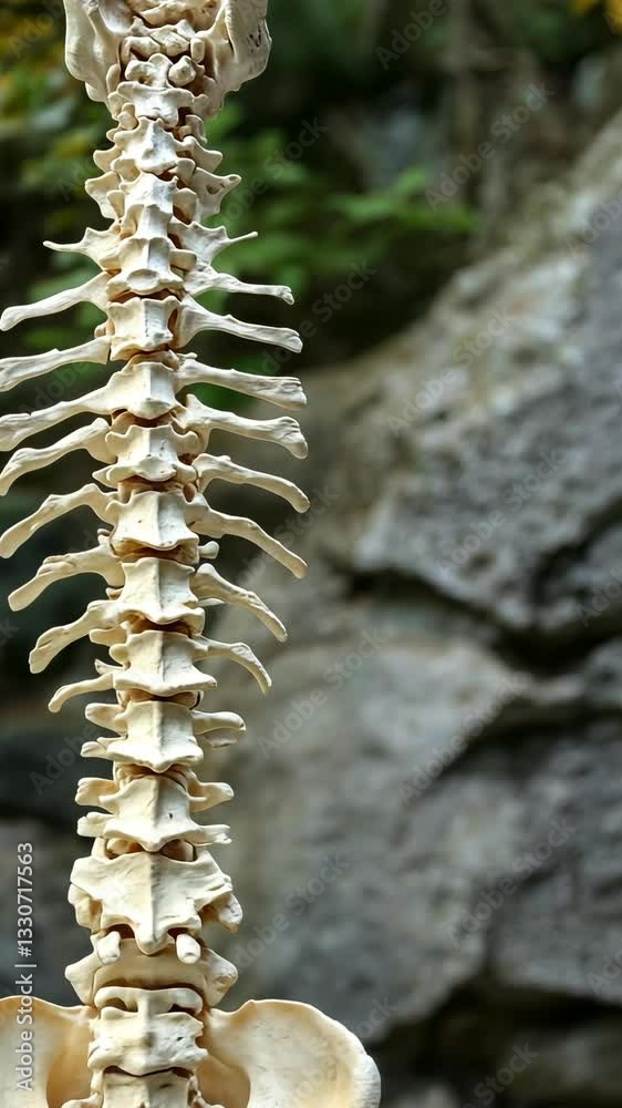 Educational display of a human spine model against a natural rock ...