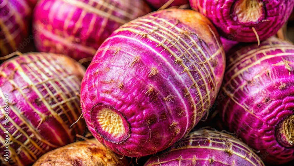 Poster A close-up shot of a vibrant taro root vegetable with its rough ...