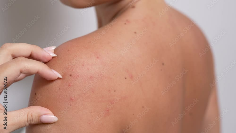 Red pimples on female body. Young woman scratching her shoulder with ...