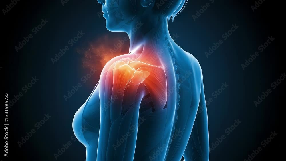 Medical illustration of a woman with shoulder pain and muscle tension ...