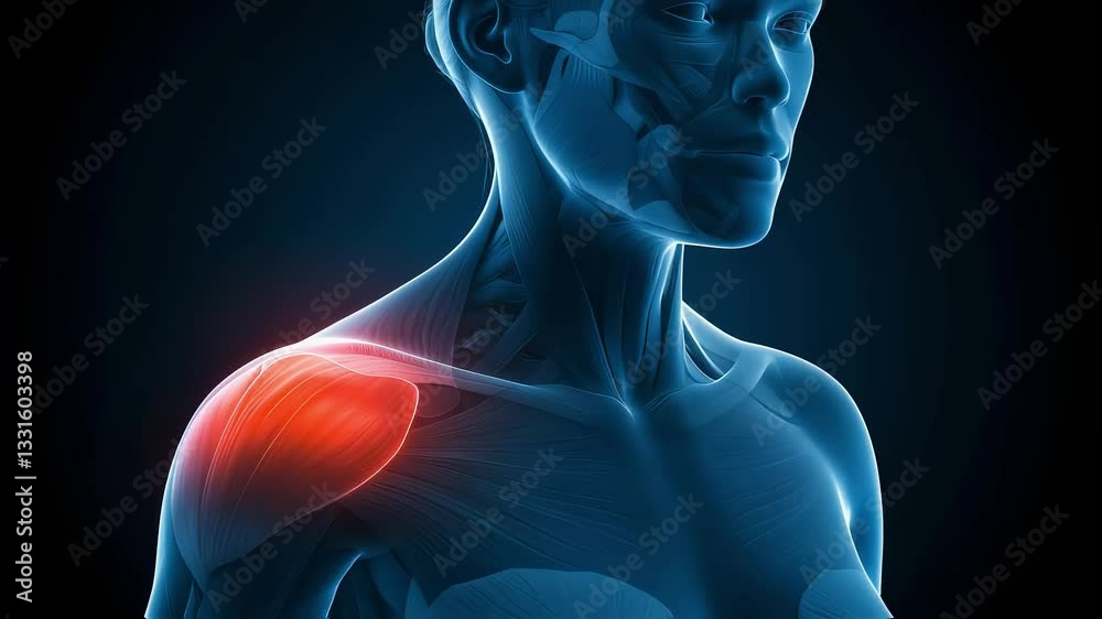 Medical illustration of a woman suffering from shoulder pain and muscle ...