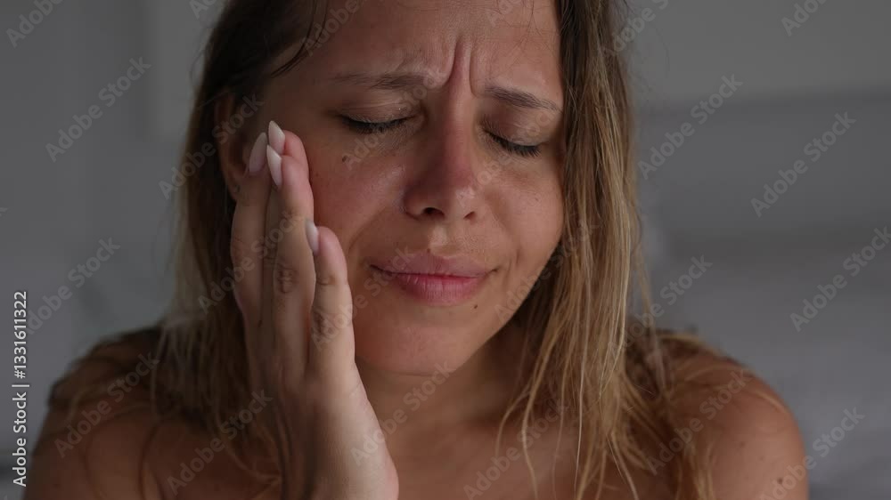 A young caucasian blonde woman touches her sunburned face, nose and ...