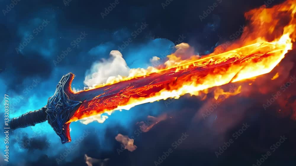 A powerful magic weapon sword with a burning blade, placed in an ...