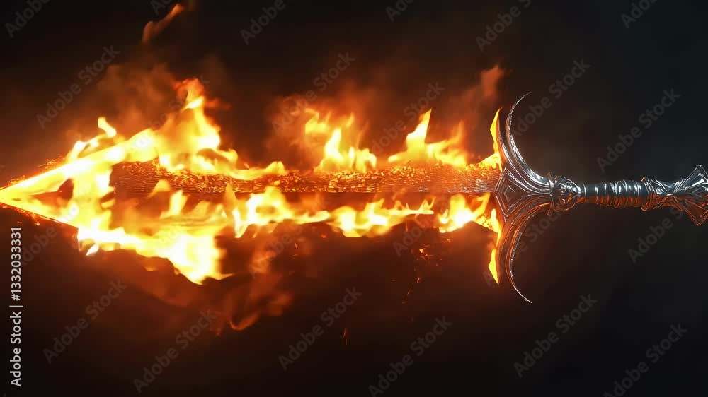 A magic weapon sword forged from a rare metal with a burning blade in a ...