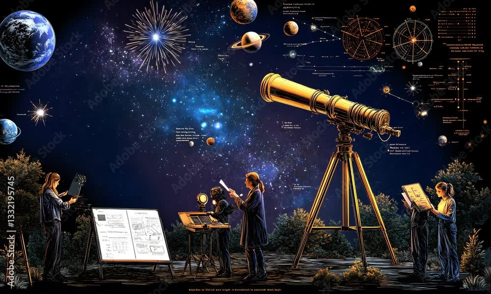 Astronomy students exploring the night sky with a telescope in a ...