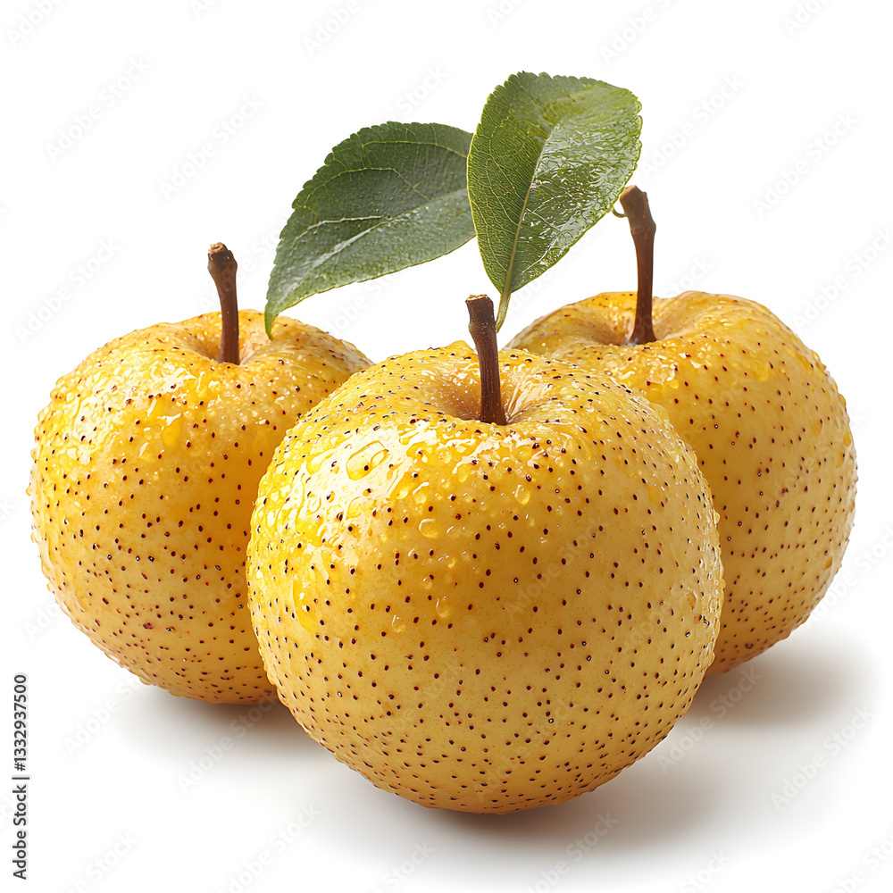 Poster Three speckled yellow pears with short stems and green leaves ...