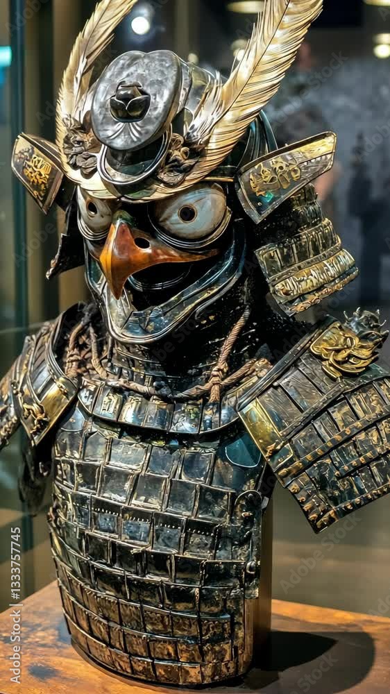 Intricate samurai armor display featuring a unique bird-like design in ...