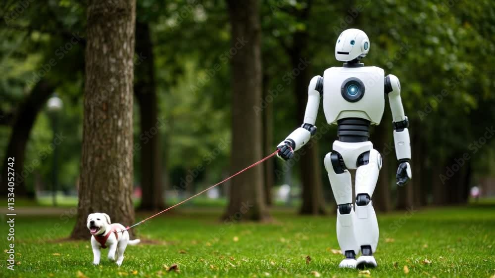 Humanoid robot walking a real dog in a park, symbolizing AI integration ...