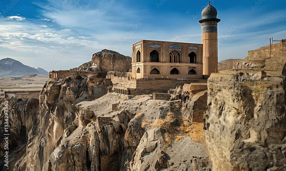 Afghan mountaintop mosque, ancient ruins, scenic valley background ...