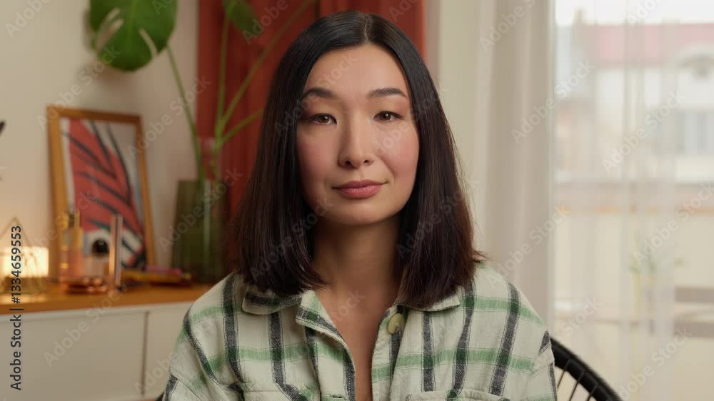 Happy Asian Korean Chinese Japanese woman looking at camera nodding ...