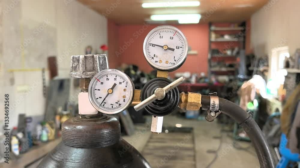 production room. focus on gas cylinder. filled with carbon dioxide ...