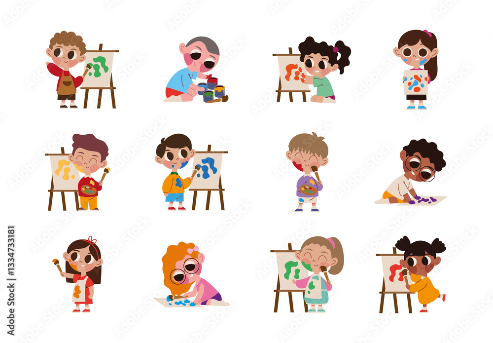 Colorful Happy Kids Painting Illustration Design Set Stock Template ...
