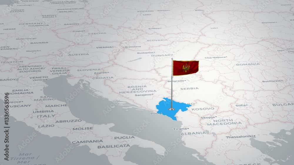 Montenegro map animation.The Montenegro flag flies majestically over a ...