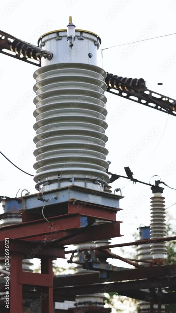Vertical Format Video of Electric power plant. High voltage substation ...
