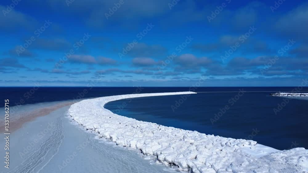 An arched wall of white ice clinging to artificial wave-cutting riprap ...