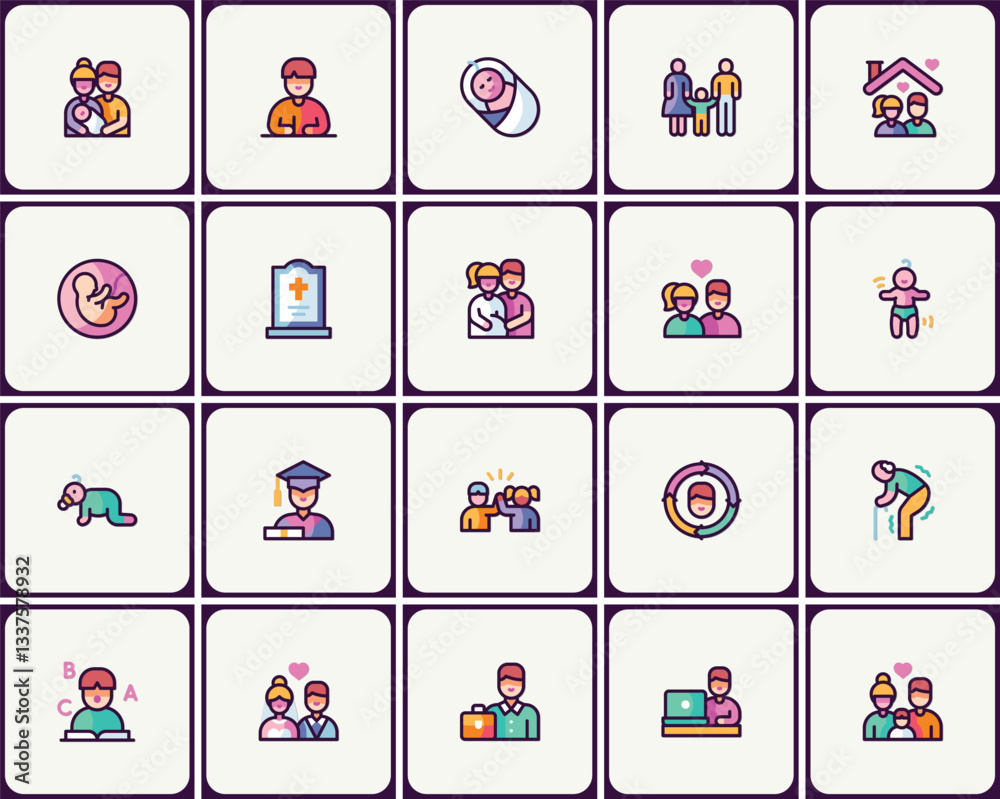 Poster Comprehensive life journey stage icons representing lifecycle ...