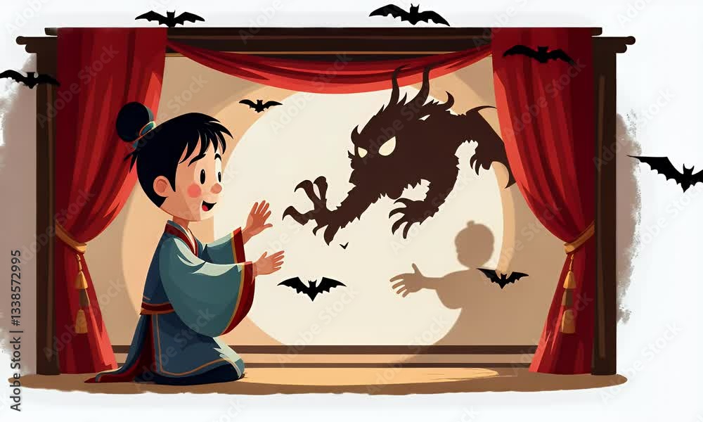 Child Watching Shadow Puppet Dragon Show's Shadow Puppet Show of A ...