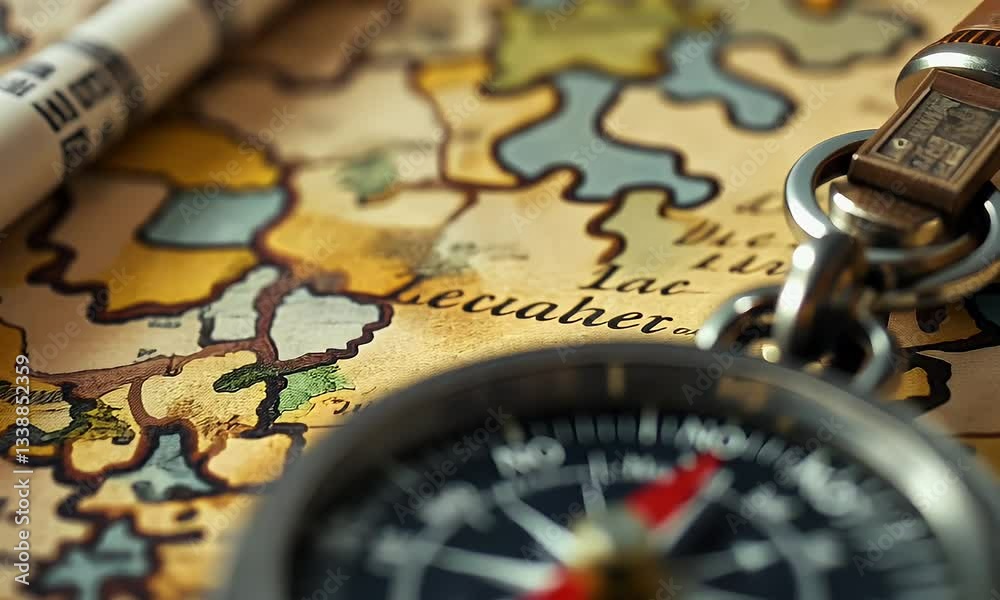 Vintage Compass On Antique Map Close Up Detailing Navigation Tools On ...