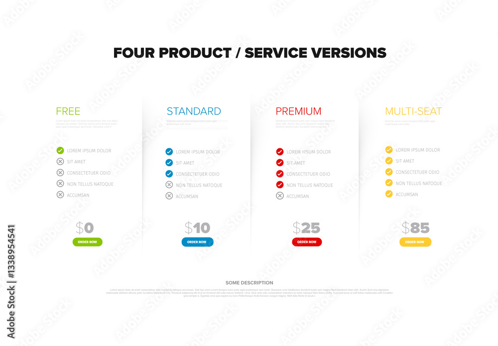 Four Product or Service Pricing Plans in clean comparison chart with ...