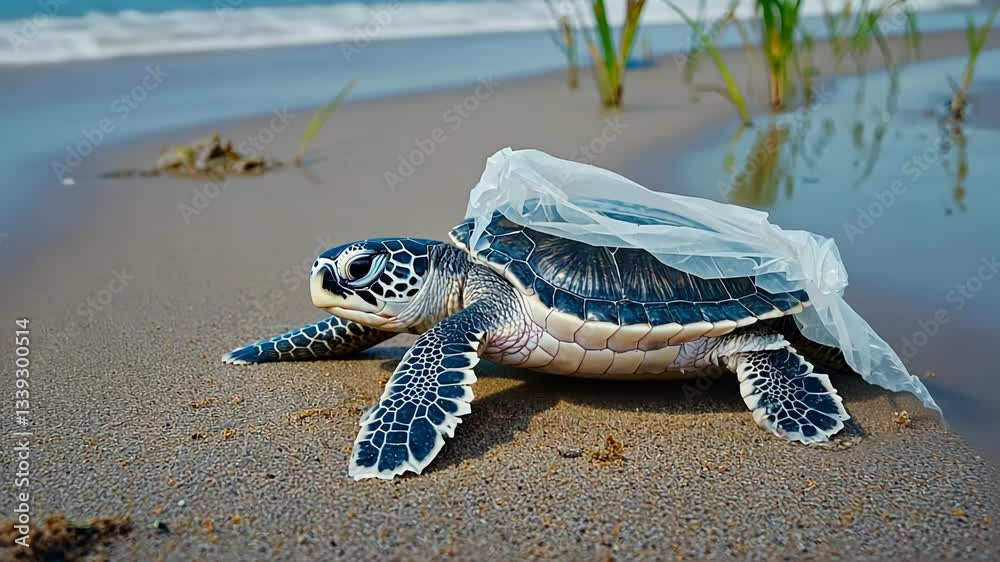A baby sea turtle struggles on the sandy shore, trapped under a plastic ...