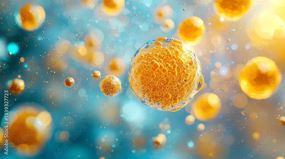 Poster Vibrant yellow nanoparticles in dynamic, colorful background ...