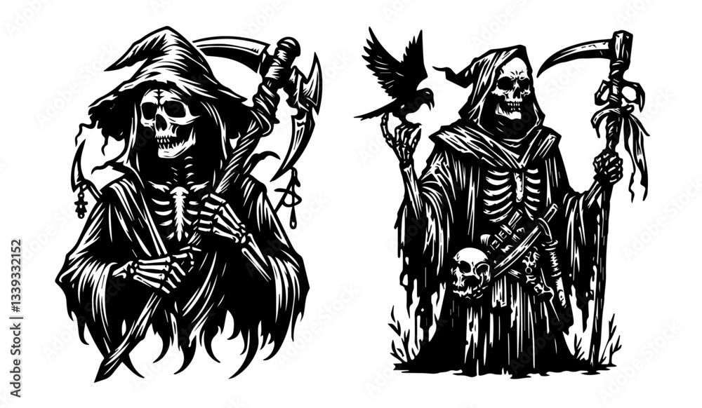 Poster grim reaper holding scythe and raven, black and white vector ...