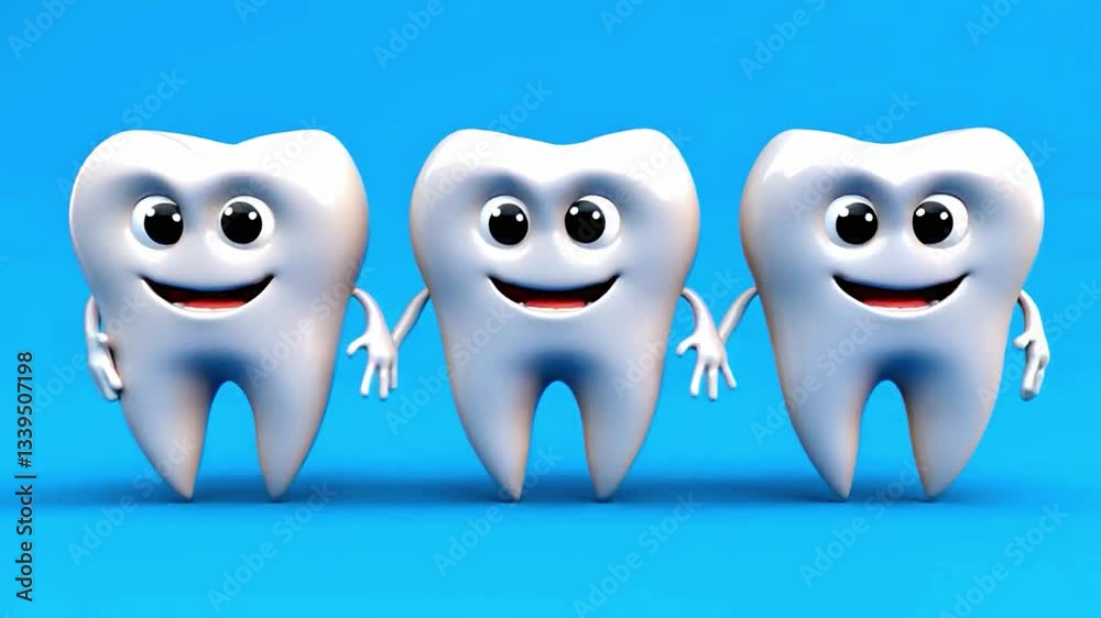 Cute 3D animated teeth characters smiling on blue background, happy ...