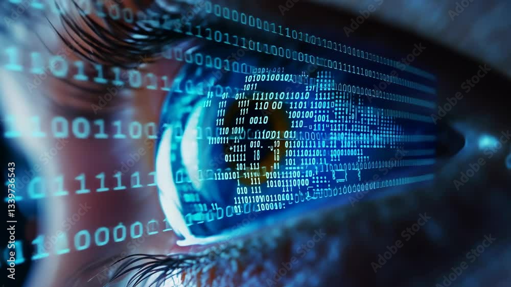 This closeup of a human eye with binary code symbolizes the convergence ...