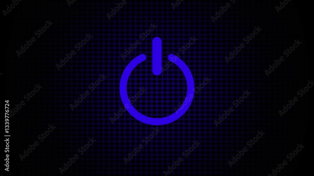Glowing power button icon animated on a black background. The ...