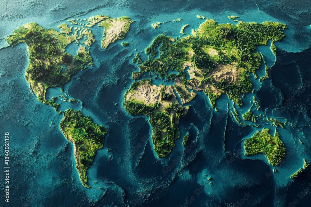 Poster Topographic World Map Illustration with Detailed Landforms and ...
