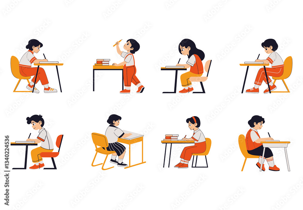 Colorful School Students Studying Learning Education Illustration Set ...