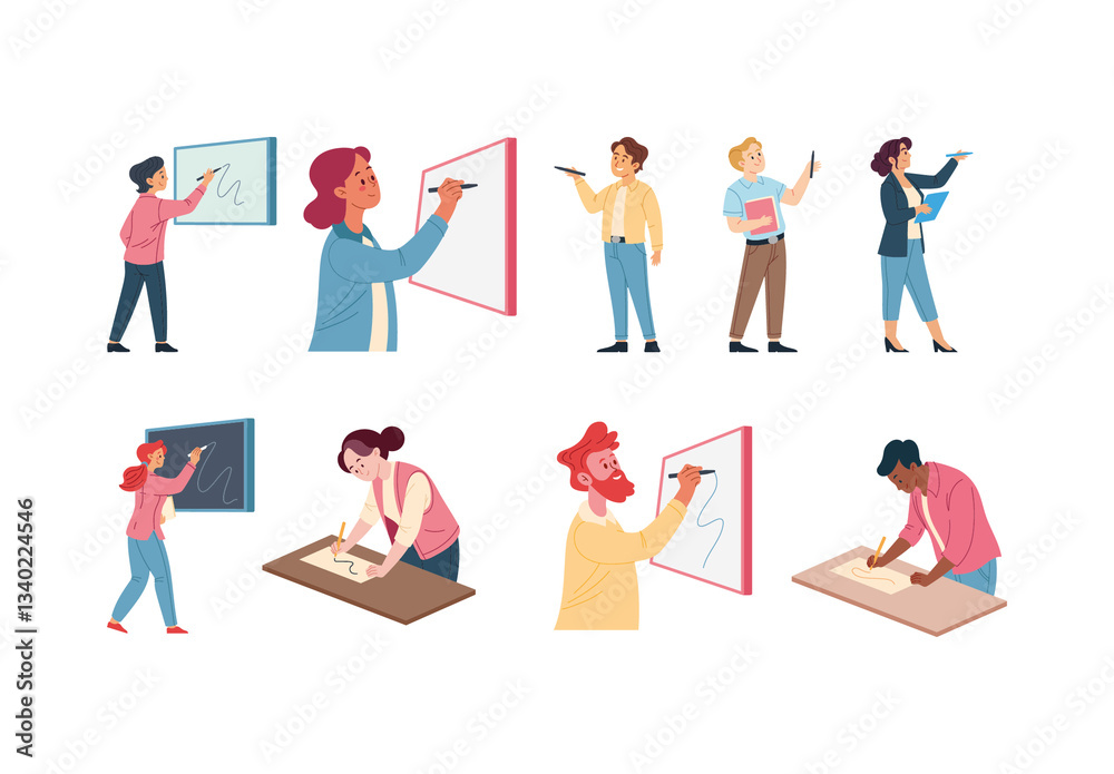 Colorful Teacher Classroom Board Writing Education Illustration Set ...