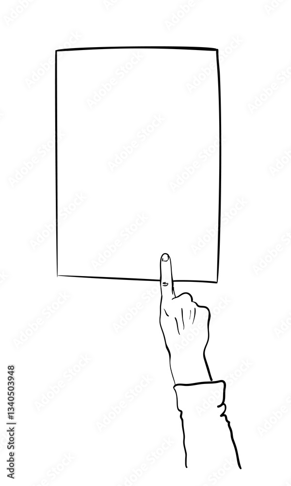 Poster Hand drawn sketch of hand pointing at vertical blank sign or ...
