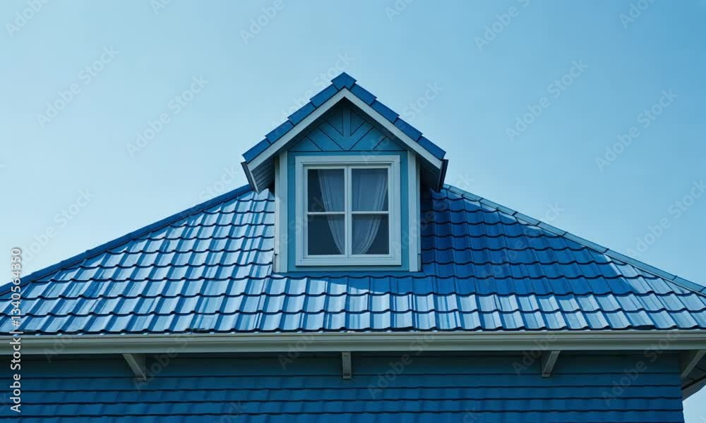 Blue metal roof with dormer window against a clear sky in modern house ...