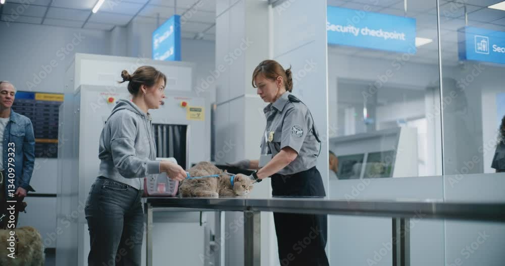 Woman with Pet During Screening Procedures in Airport Terminal: Female ...