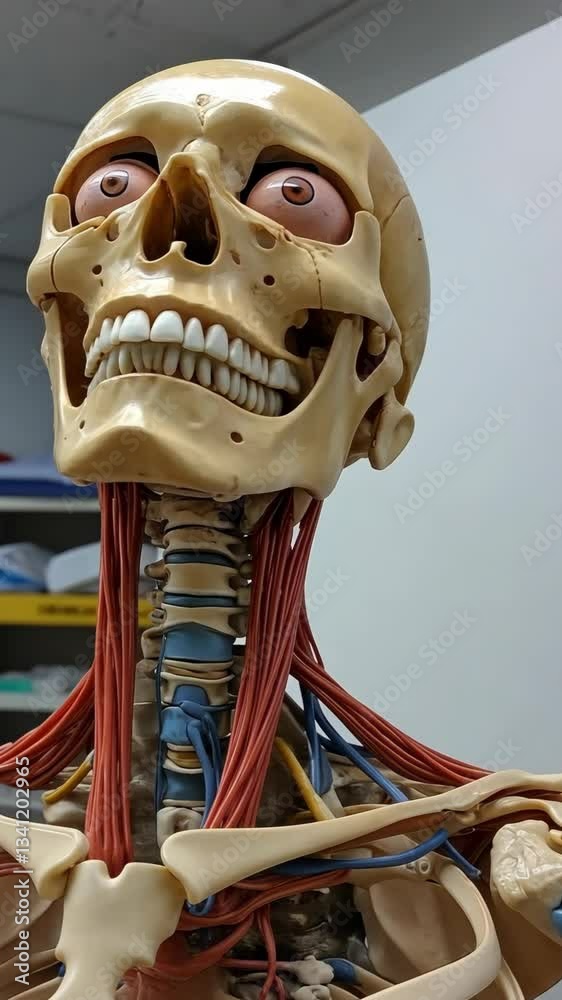 Anatomical model of human skull and neck muscles displayed in a ...