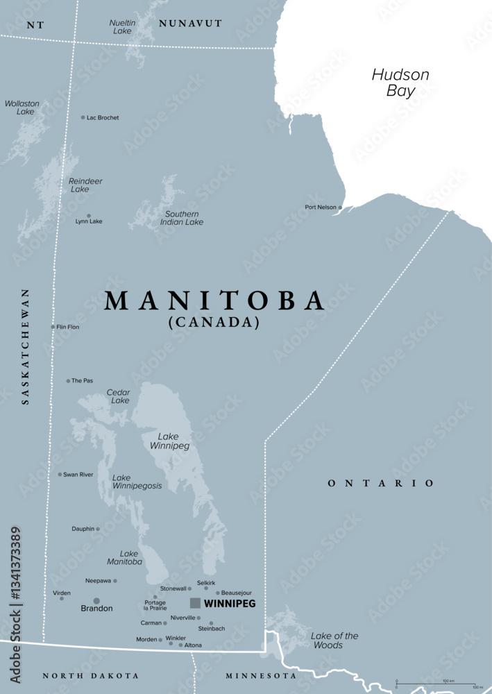 Manitoba, a province of Canada, gray political map with boundaries ...
