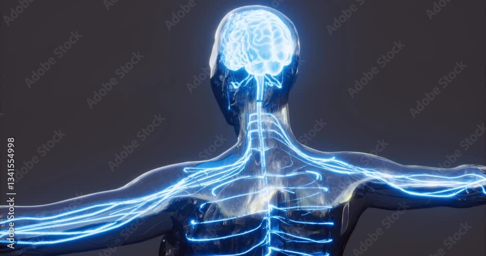 A detailed depiction of brain anatomy and the nervous system is shown ...