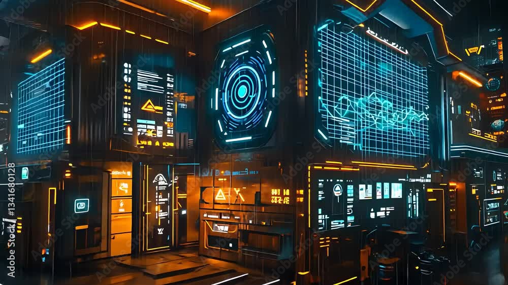 Futuristic Cyberpunk Control Center with Illuminated Holographic ...