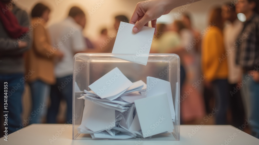 hand placing ballot into transparent box filled with votes, symbolizing ...