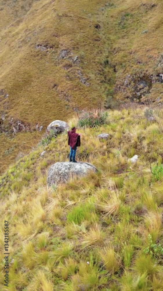Wideo Stock: Joven campesino con poncho en la cima de la montaña ...